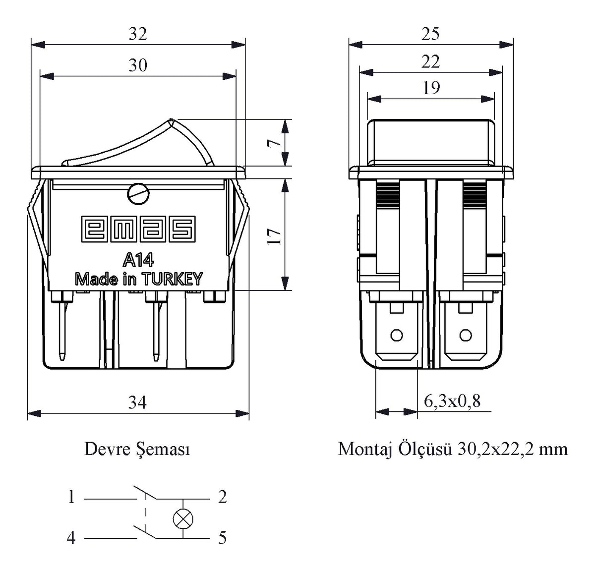 EMAS A14B1Y11 Illuminated Green Rocker Switch DPST 230V 16A (30x22mm ...